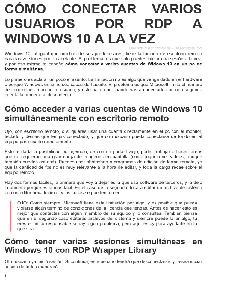 Cómo Conectar Varios Usuarios Por RDP A Windows 10 A La Vez | PDF