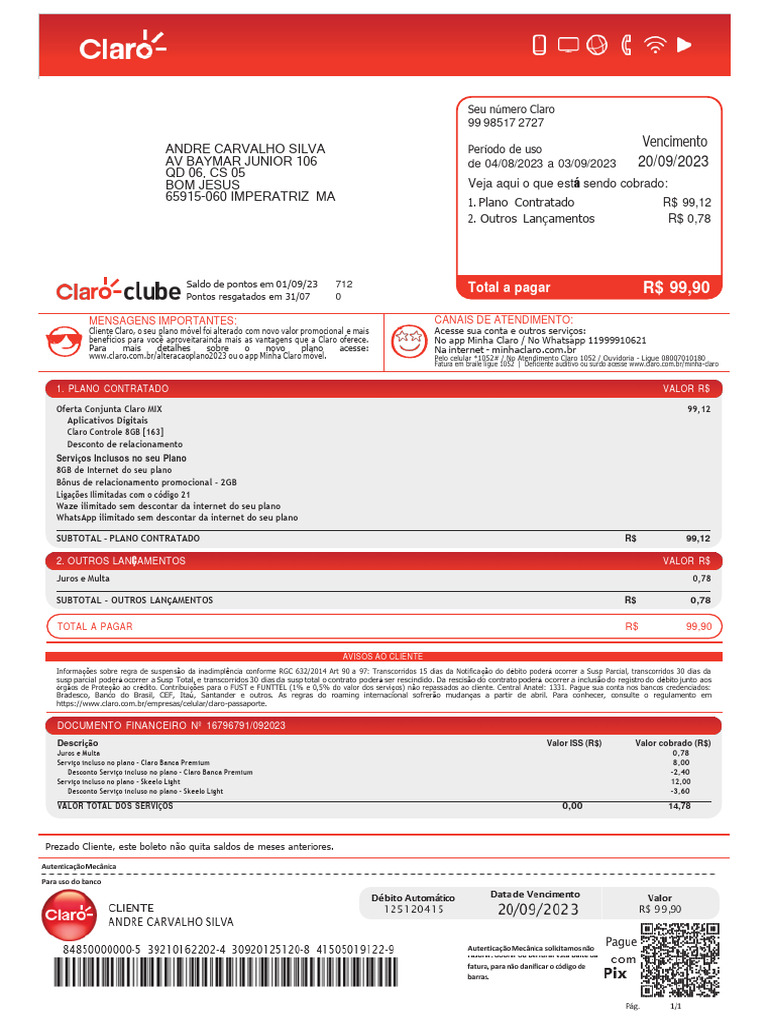 Fatura Claro | Download grátis PDF | Serviços financeiros | Bancos