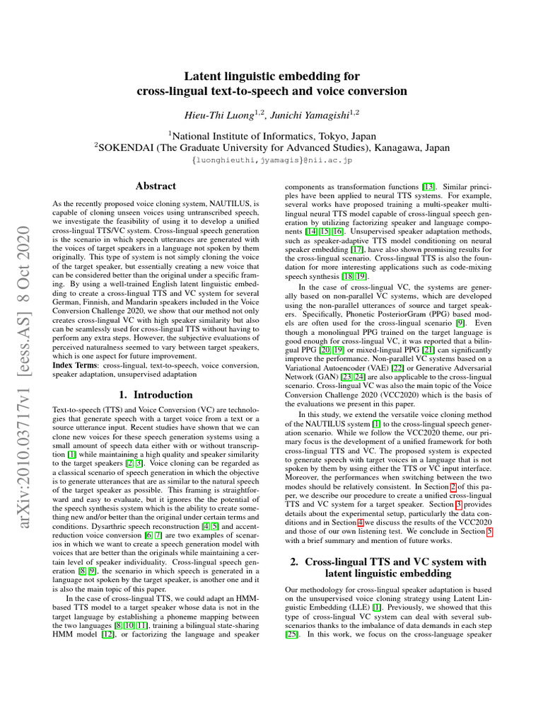 Latent Linguistic Embedding For Cross-Lingual Text-To-Speech and Voice Conversion | PDF ...