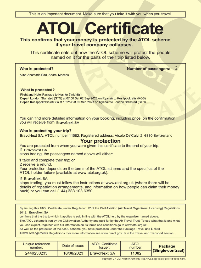 ATOL Package Certificate | PDF