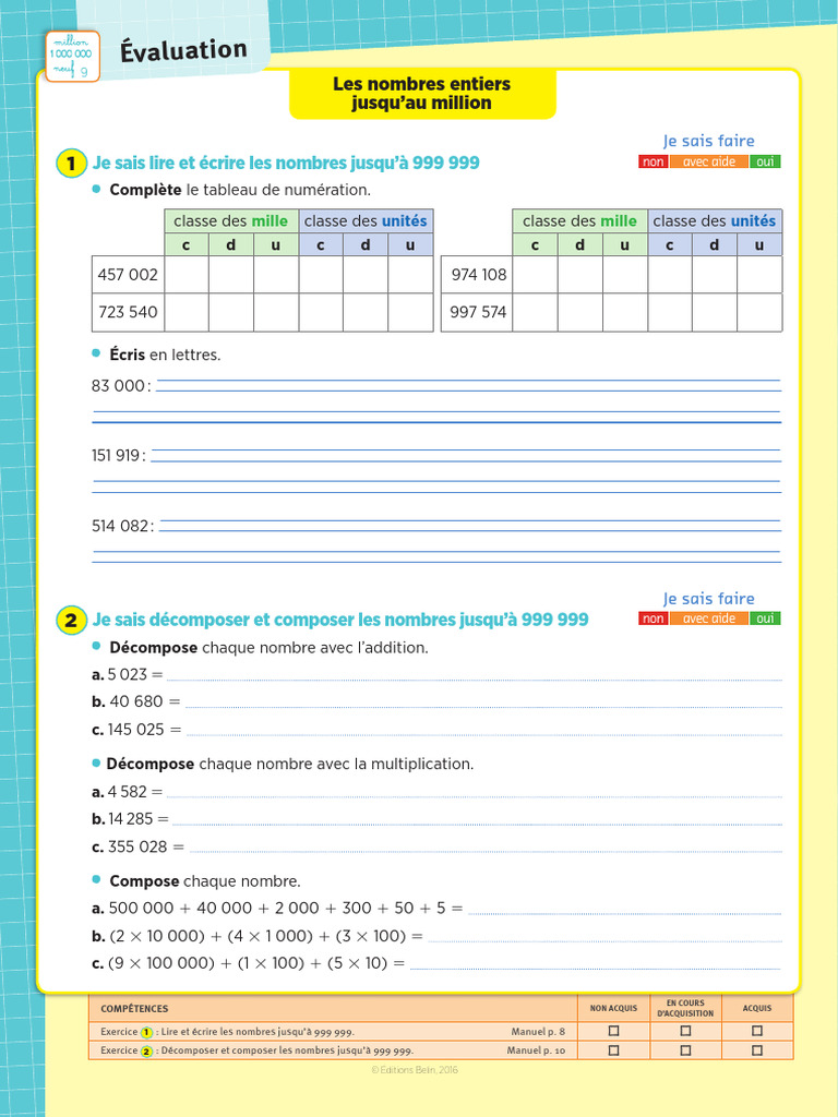 J'aime Les Maths CM1 Belin: Evaluation Nombres | PDF