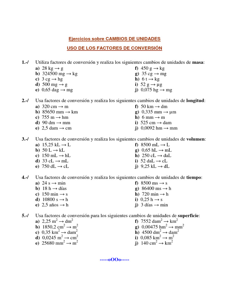 Ejercicios Factores Conversion-Hoja 1 | PDF | Unidades de medida ...