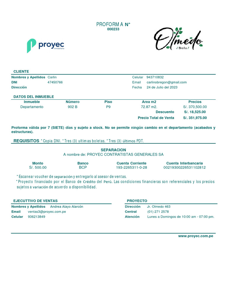 Proforma Venta Dpto. 902B - S/. 351,975 | PDF