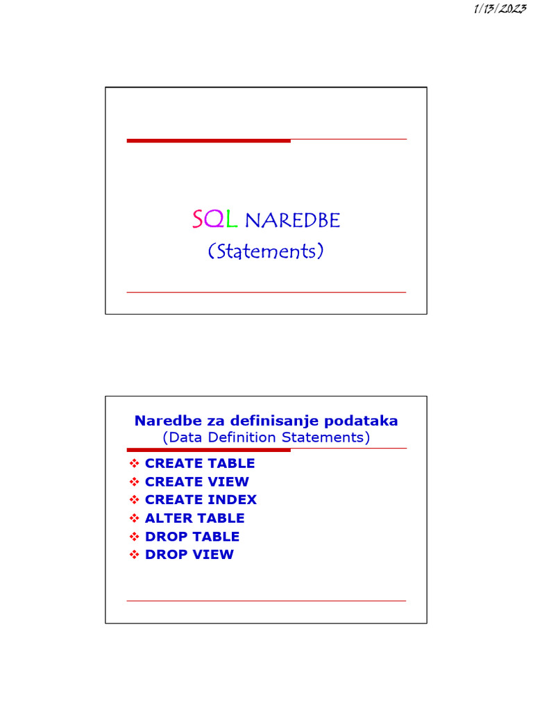 Naredbe Za Definisanje Podataka (Data Definition Statements) | PDF