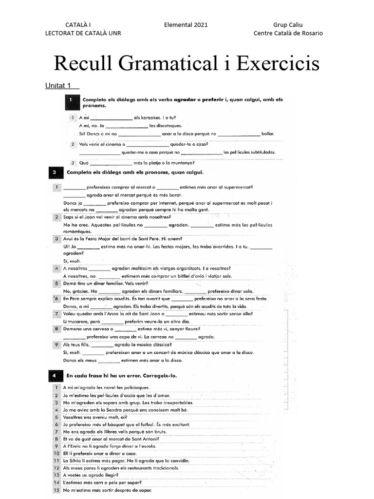Recull Gramatical Elemental I Exercicis U 1 | PDF
