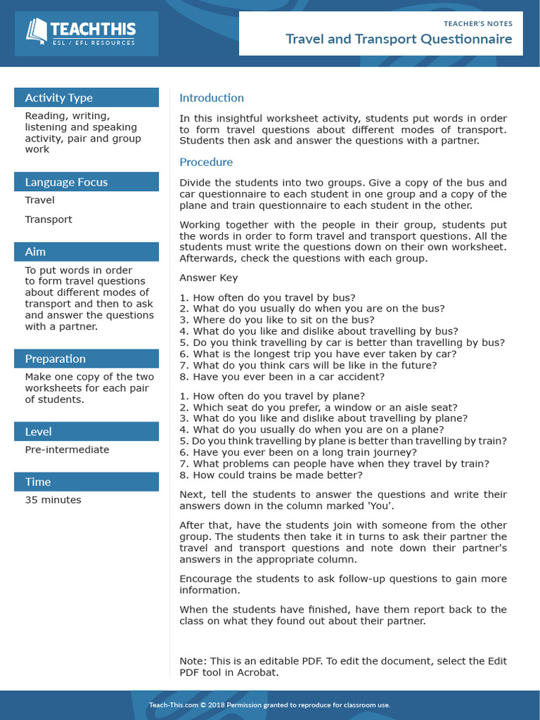 Travel and Transport Questionnaire | PDF