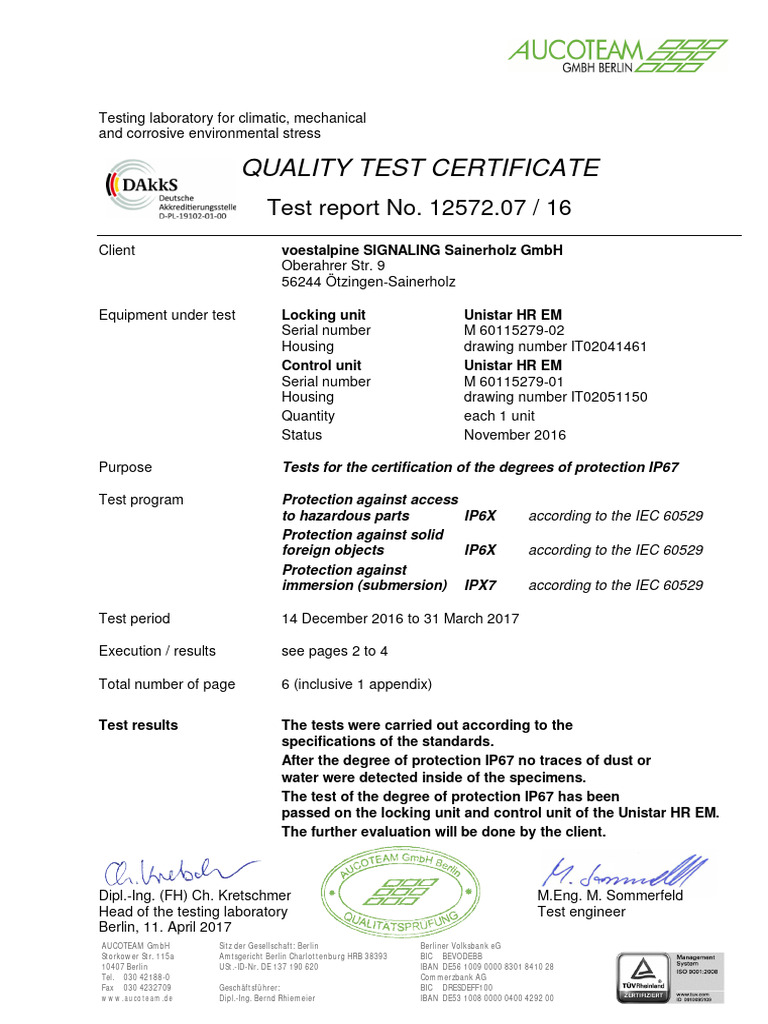 60.2. Test Certificate - IP67 | PDF