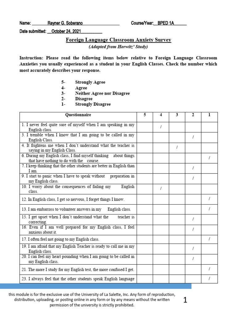 Foreign Language Anxiety Survey Tool | PDF | English Language | Anxiety
