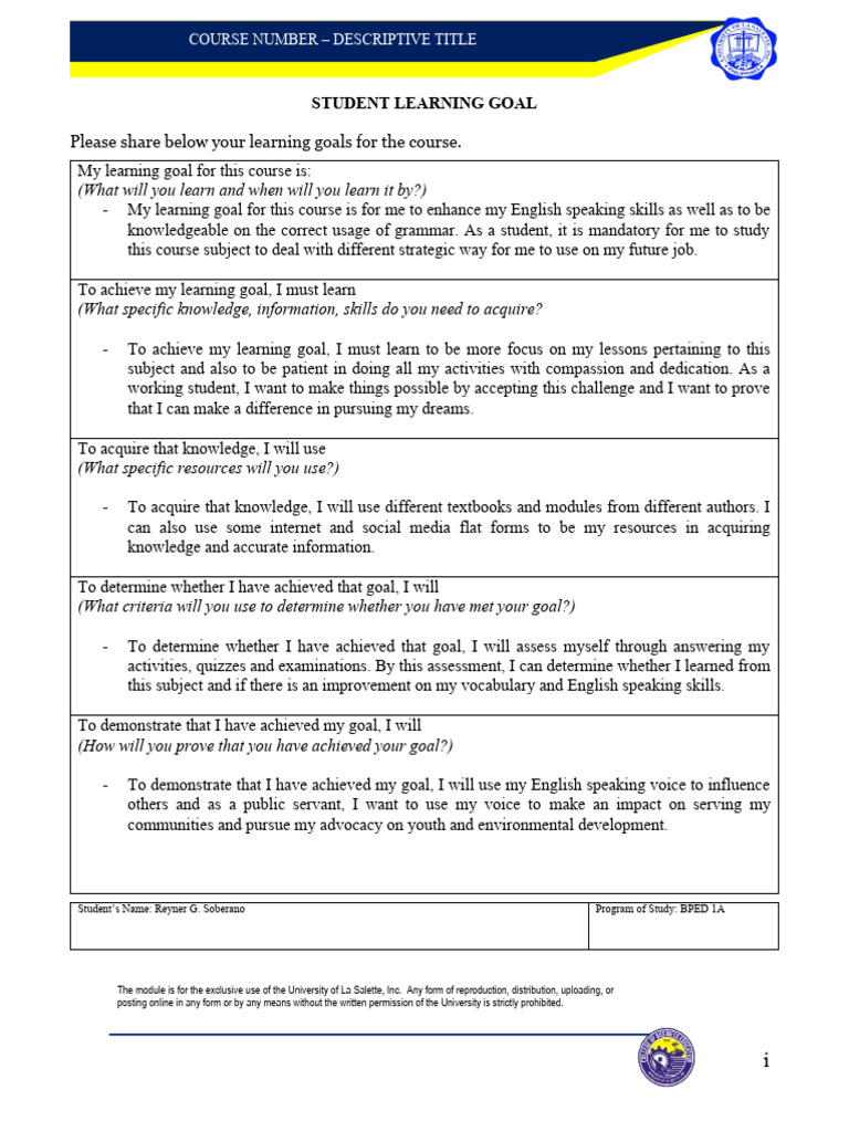 Student Learning Goals | PDF | Goal | Learning