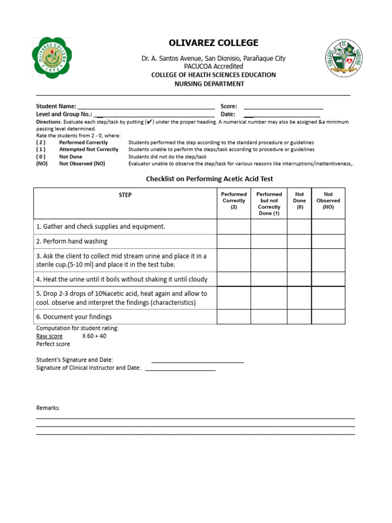 Checklist On Performing Acetic Acid Test | PDF