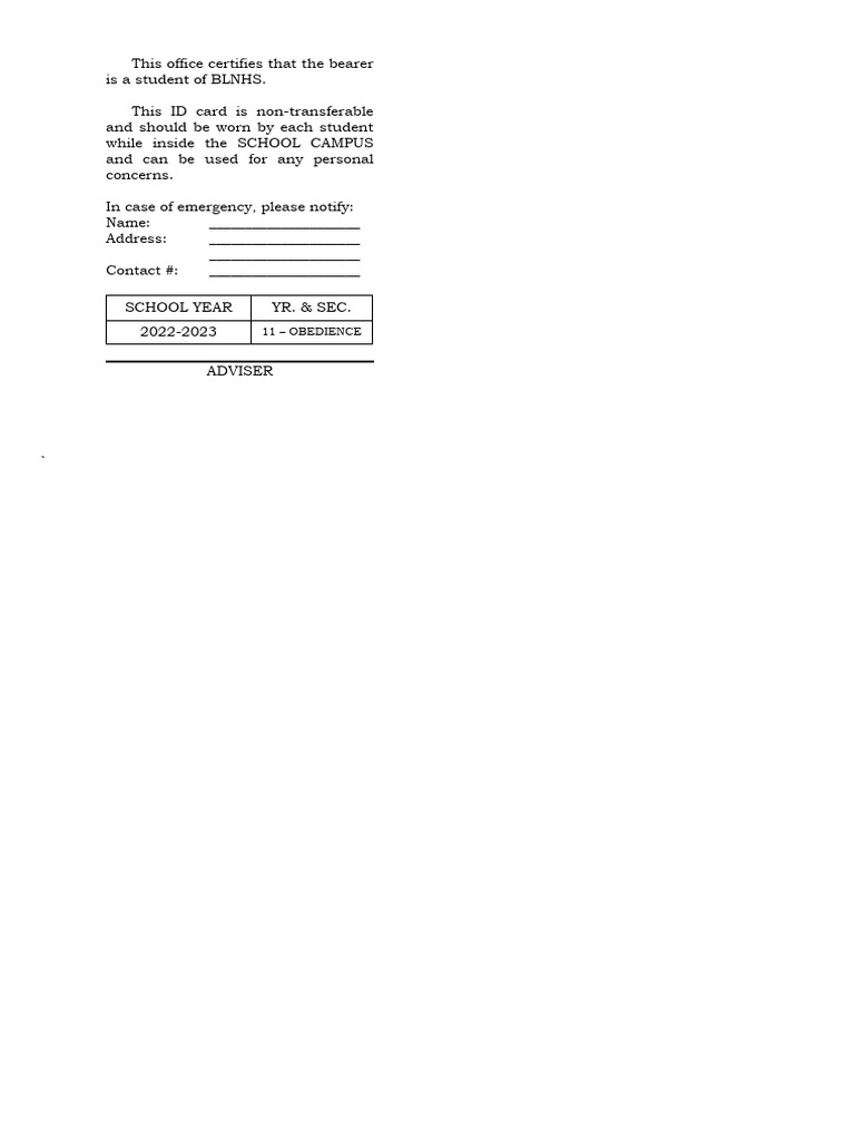 BLNHS Student ID Card 2022-2023 | PDF