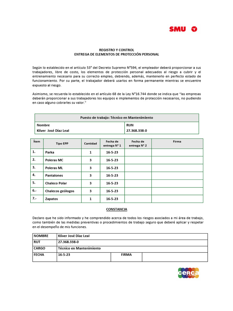 FORMATO FICHA DE ENTREGA DE EPP Kliver | PDF