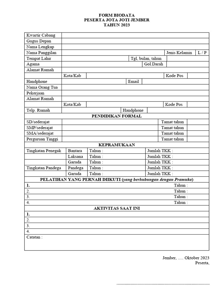 Ijin Orang Tua Dan Form Biodata Peserta | PDF