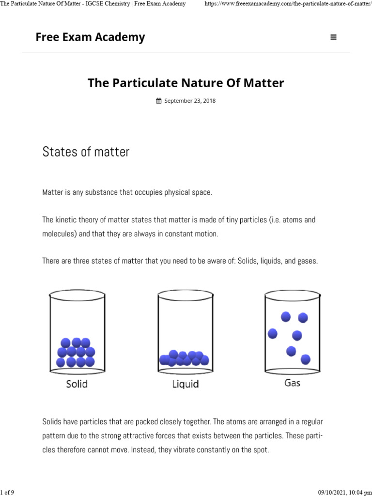 The Particulate Nature of Matter - IGCSE Chemistry Free Exam Academy | PDF