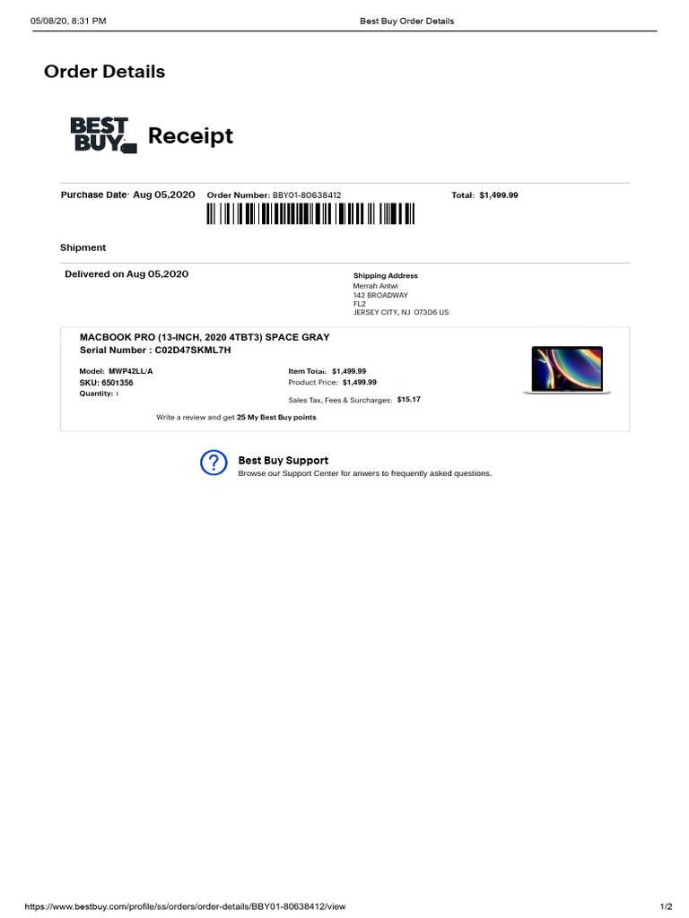 Best Buy Receipt: MacBook Pro 2020 | PDF