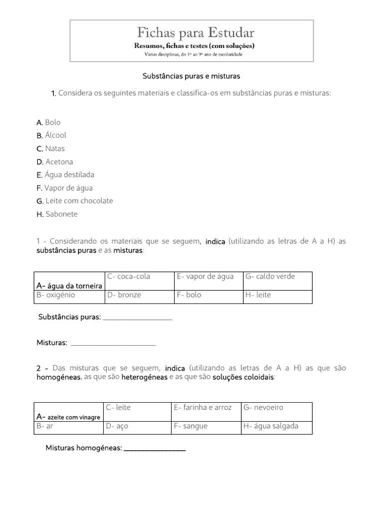 Ficha Fisico Quimica 7 Ano Substancia Pura e Mistura | PDF