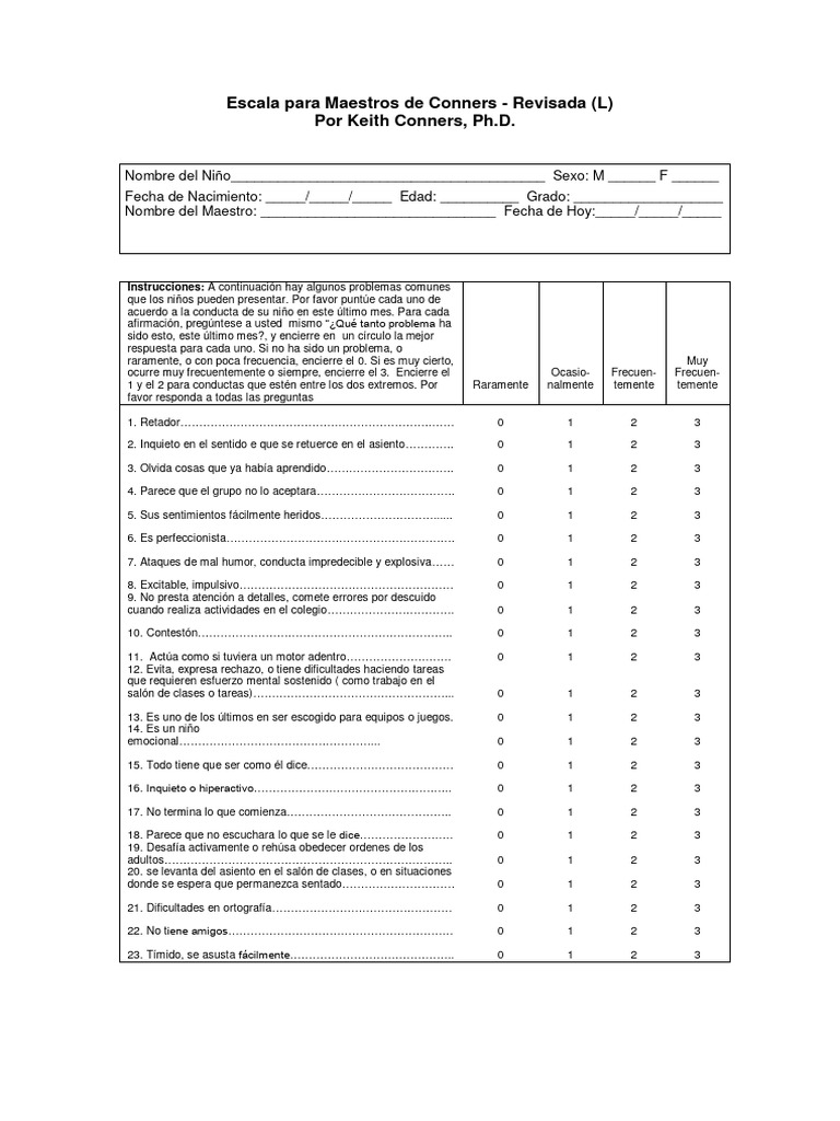 Escala de Conners para Maestros | PDF