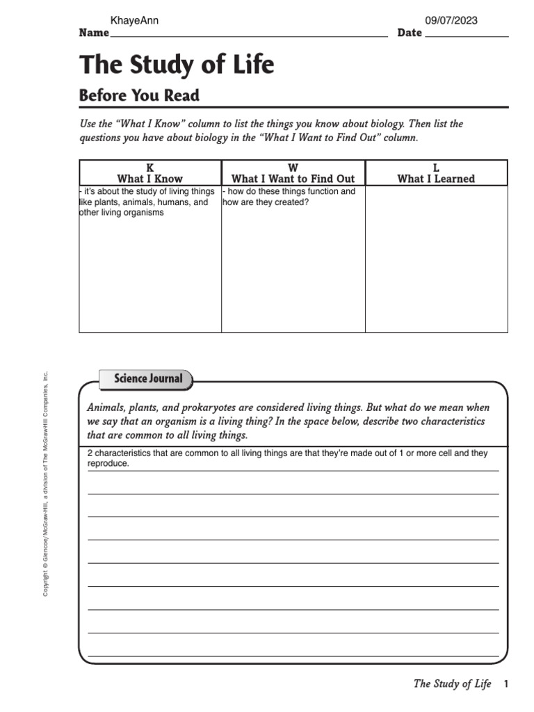Section 1 - The Study of Life Student Worksheet | PDF | Life | Organisms