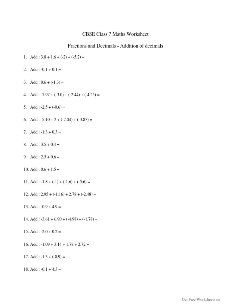 Addition of Decimals CBSE Class 7 Worksheet | PDF
