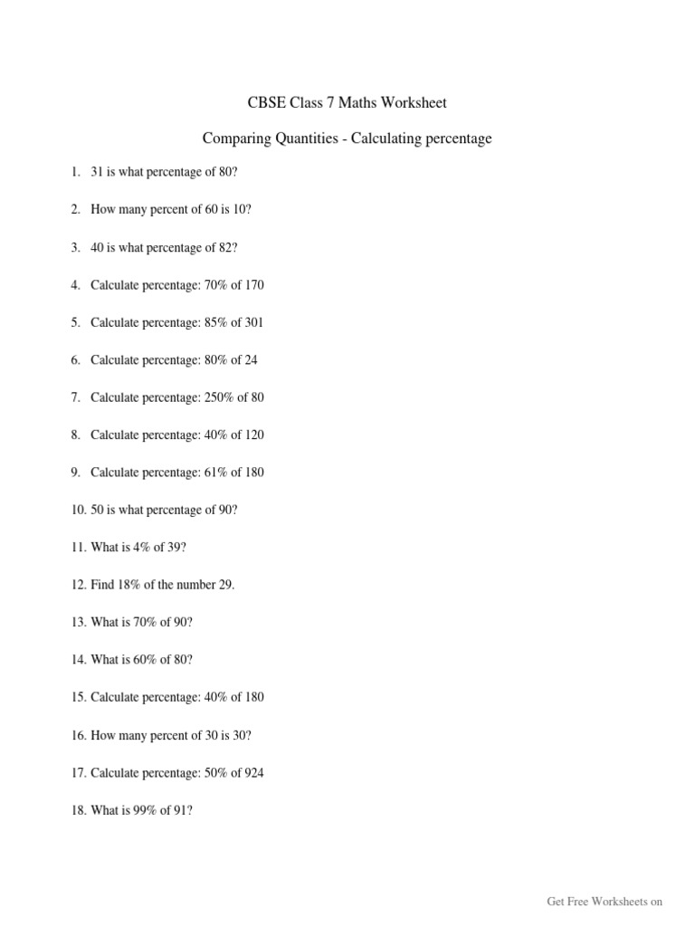 Calculating Percentage CBSE Class 7 Worksheet | PDF