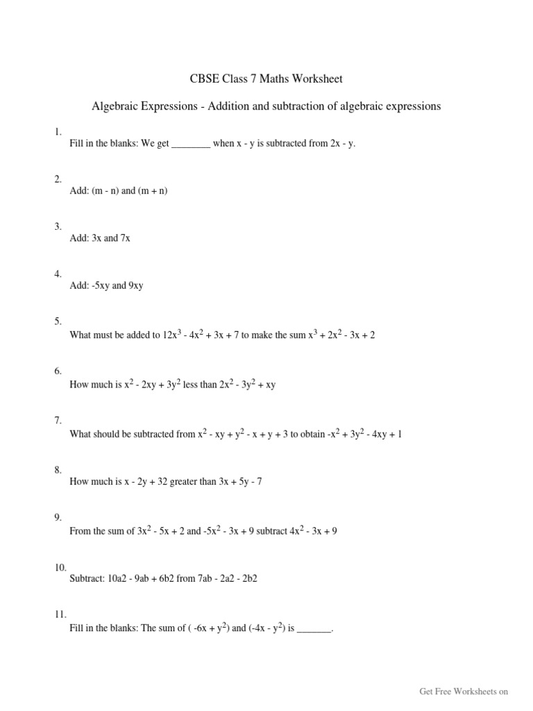 Addition And Subtraction Of Algebraic Expressions Cbse Class 7