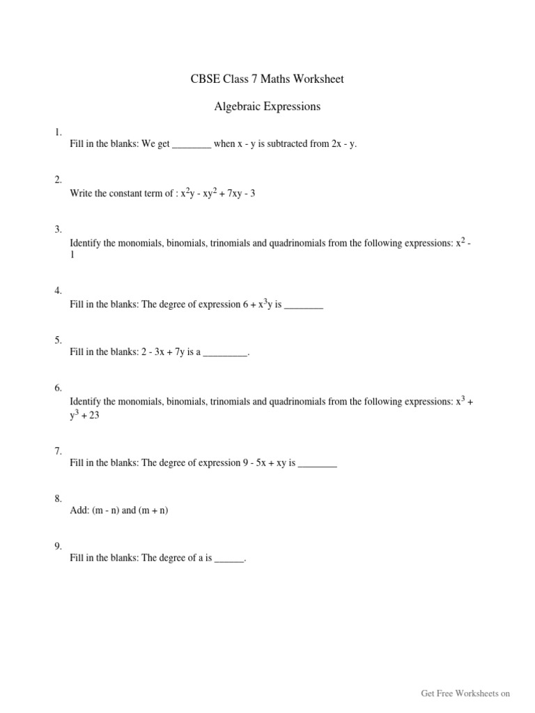 Algebraic-Expressions-CBSE-Class-7-Worksheet | PDF