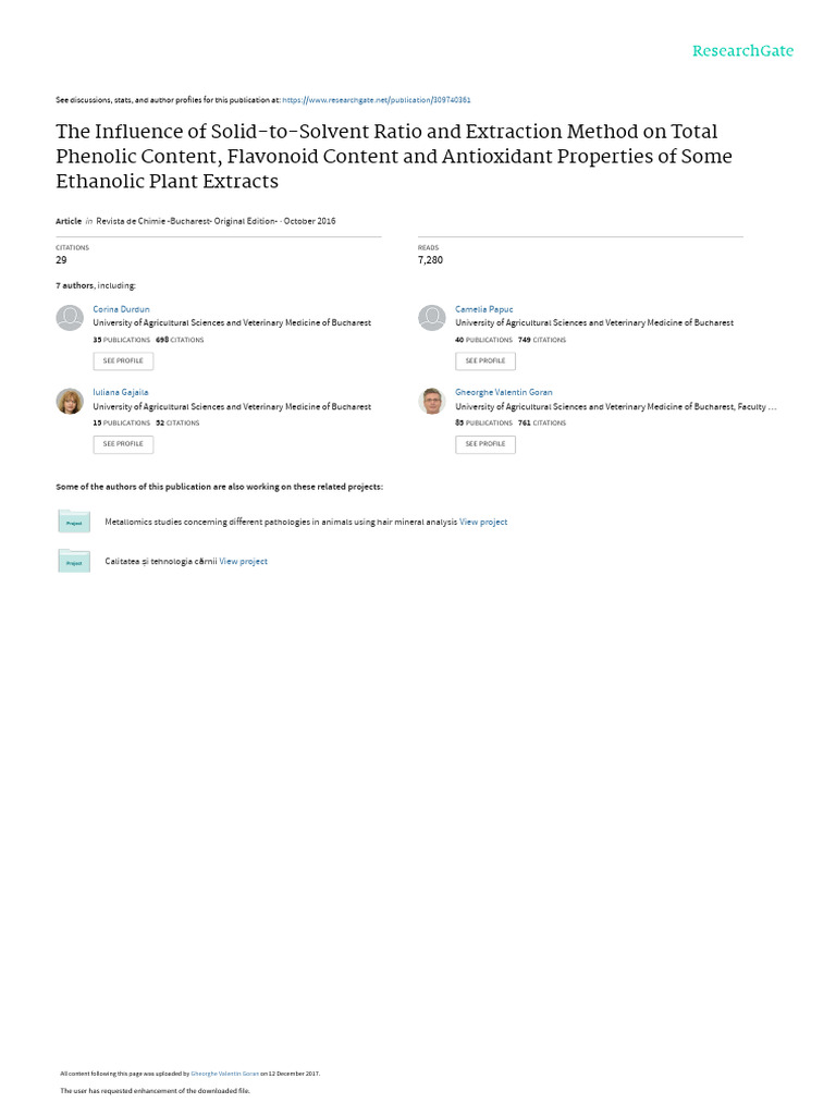 The Influence of Solid-to-Solvent Ratio and Extraction Method On Total ...