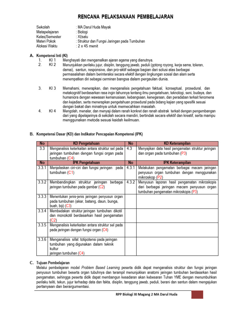 RPP Jaringan Tumbuhan Kelas XI | PDF