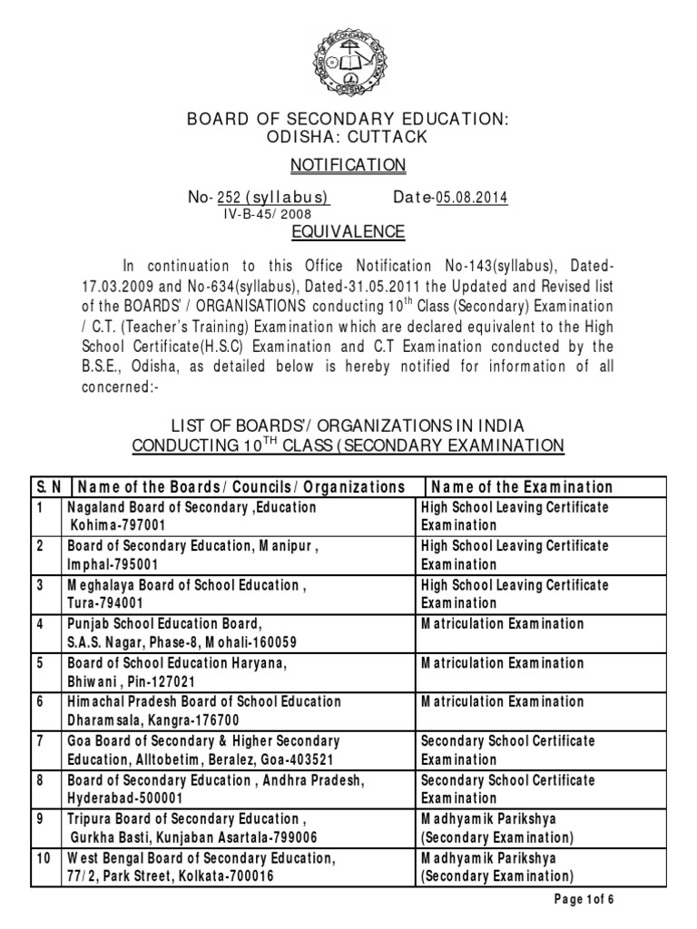 BSE-CHSE Equivalence Certificate | PDF