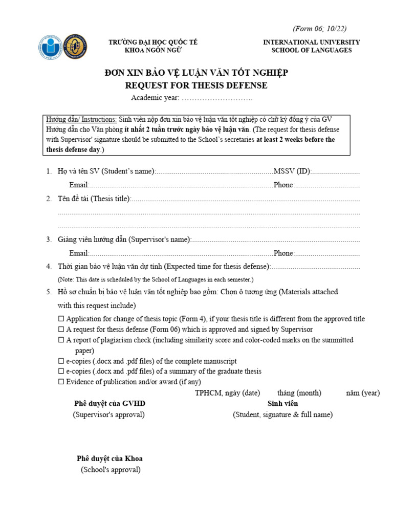 Form 06 - Request For Thesis Defense | PDF