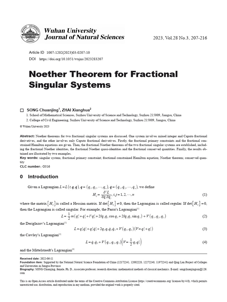 Noether Theorem For Fractional Singular Systems | PDF | Noether's Theorem | Hamiltonian Mechanics