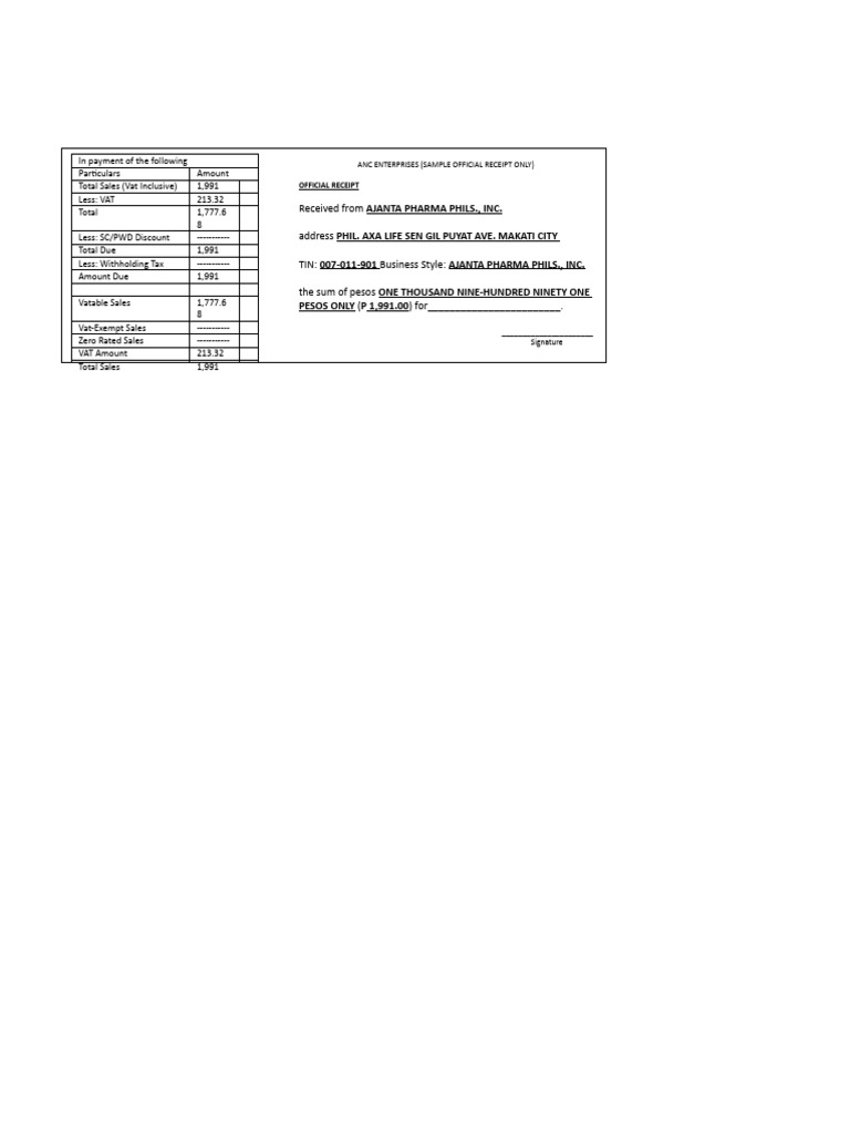 Sample Official Receipt with VAT | PDF | Finance & Money Management