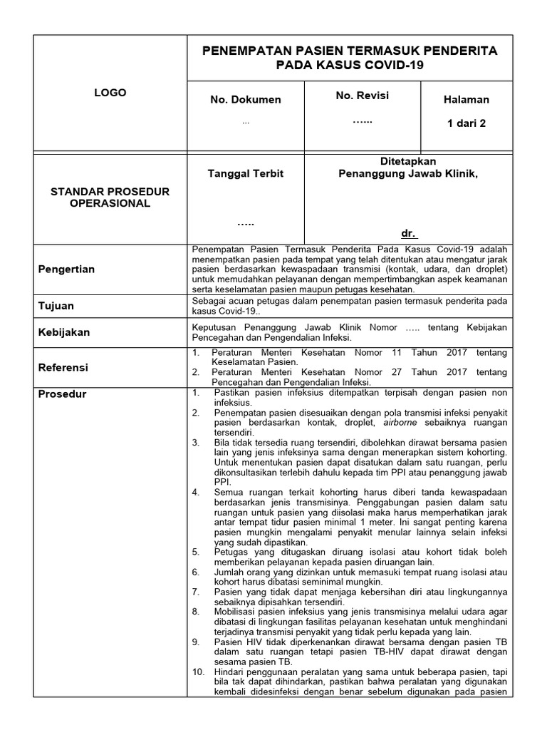 Spo Penempatan Pasien Termasuk Penderita Pada Kasus Covid19 | PDF