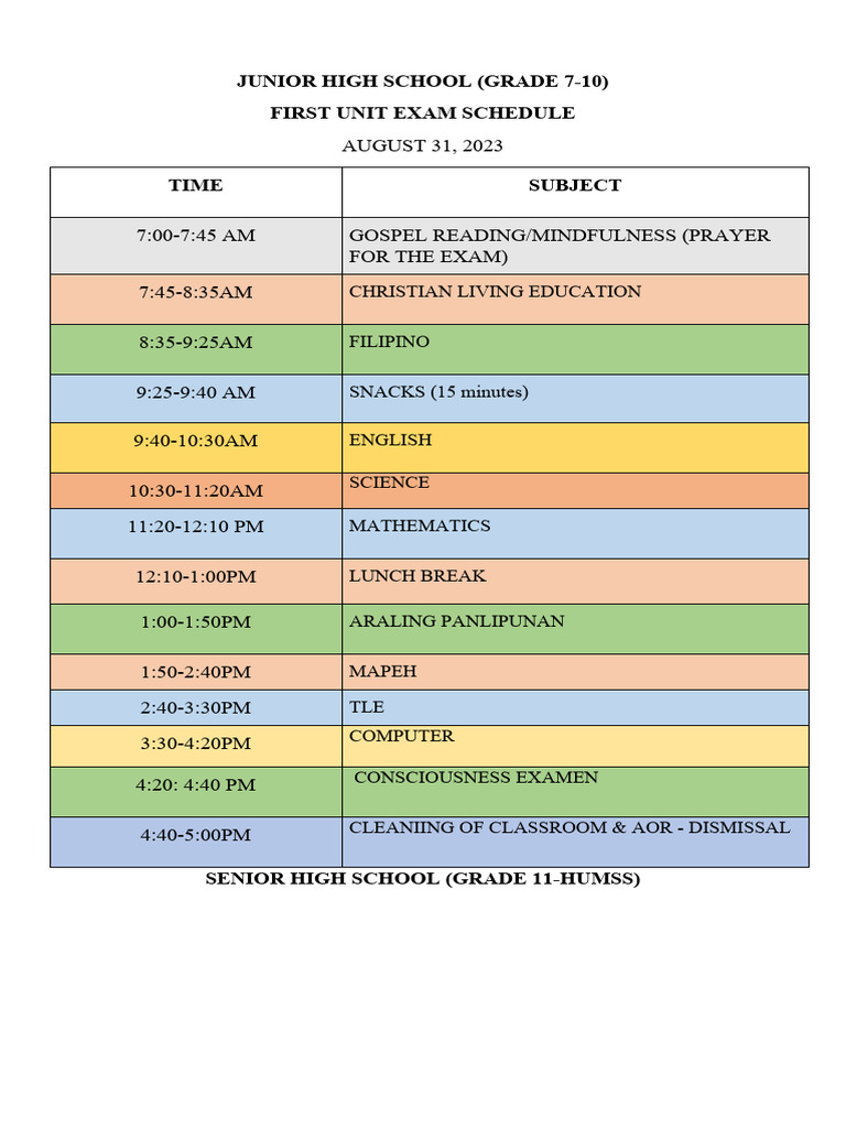 FIRST UNIT EXAMINATION SCHEDULE Updated August 302023 | PDF | Science