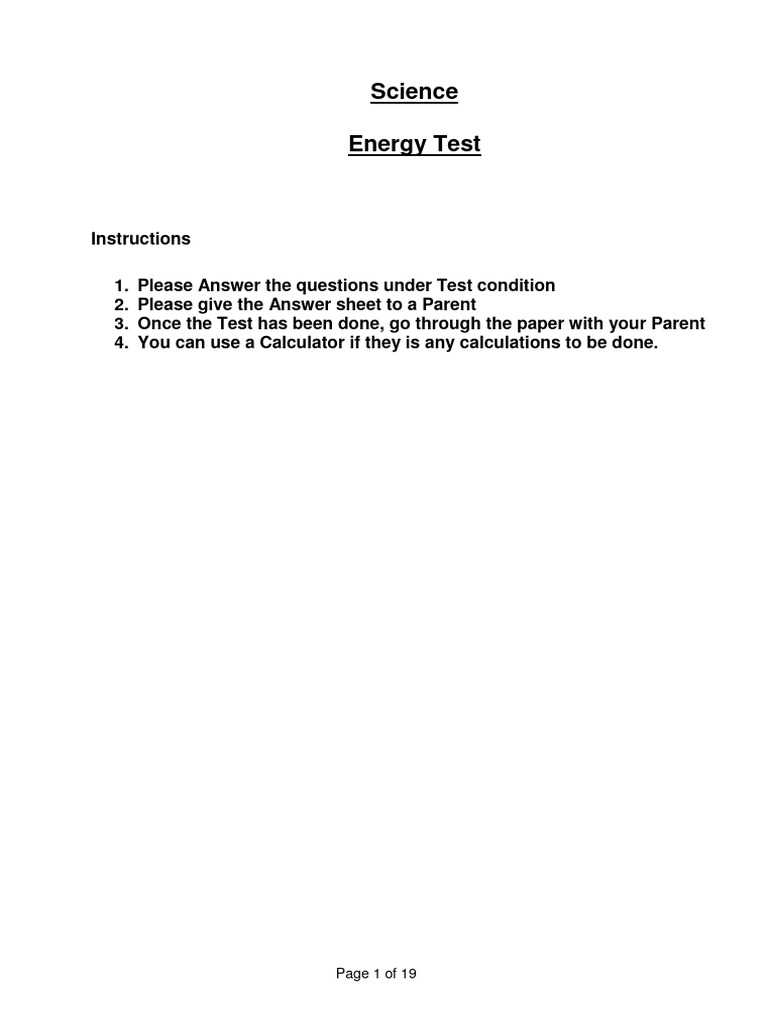 YEAR 9 SCIENCE Energy Test | PDF | Science & Mathematics