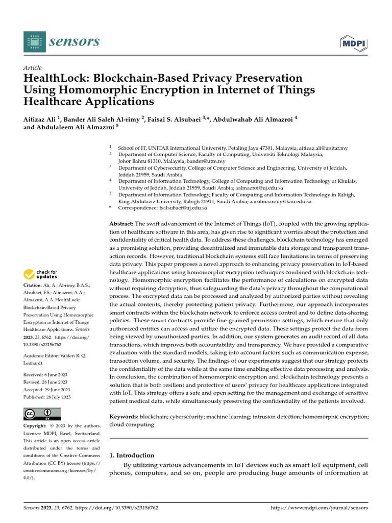 Healthlock Blockchain Based Privacy Preservation Using Homomorphic Encryption In Internet Of