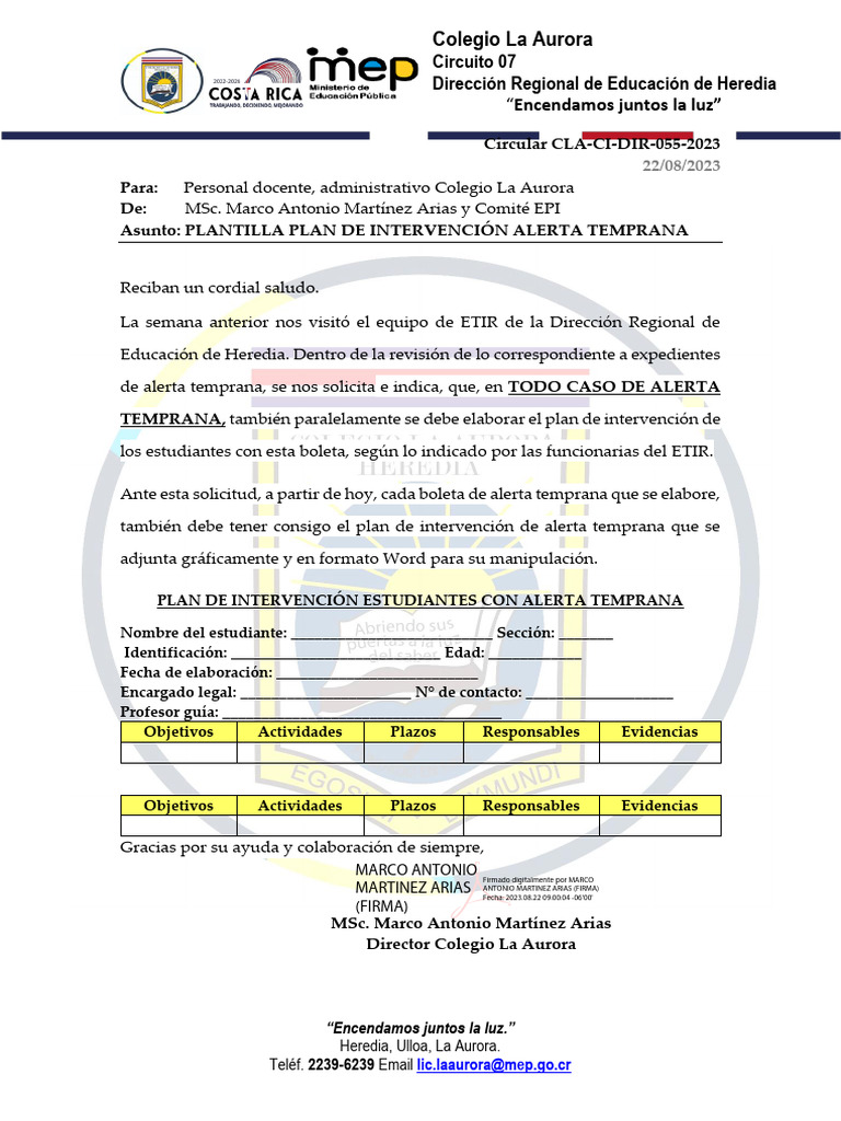 Circular Cla-Ci-Dir-055-2023 Plantilla Plan de Intervención Alerta ...