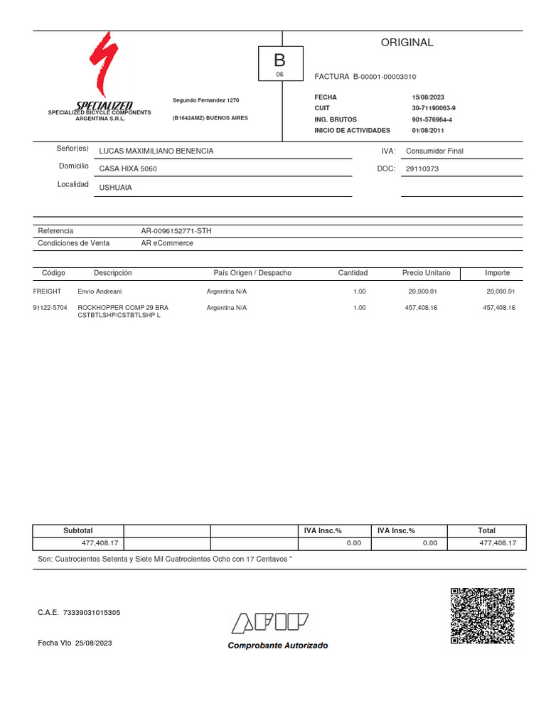 Factura de compra bicicleta Specialized | PDF