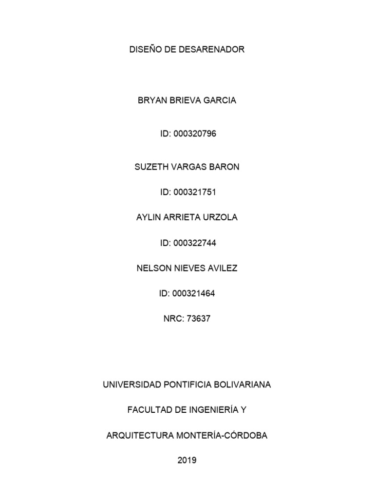 Taller #4 Desarenador NRC 73447 | PDF Taller #4 Desarenador NRC 73447 | PDF