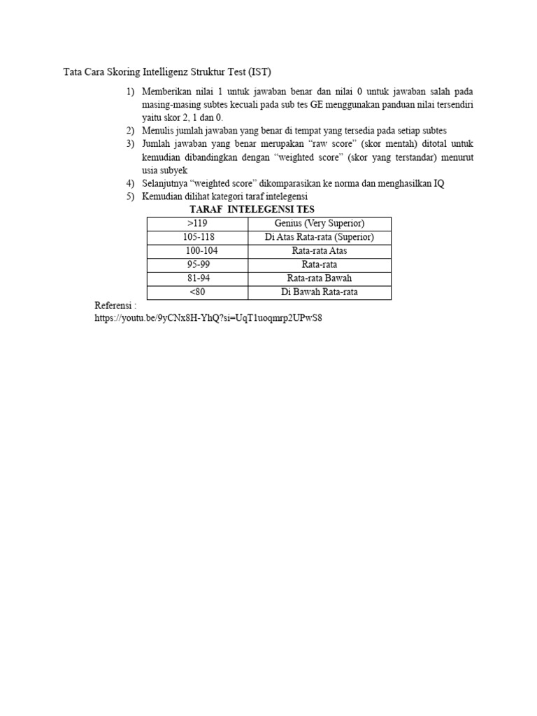 Tata Cara Skoring Intelligenz Struktur Test | PDF