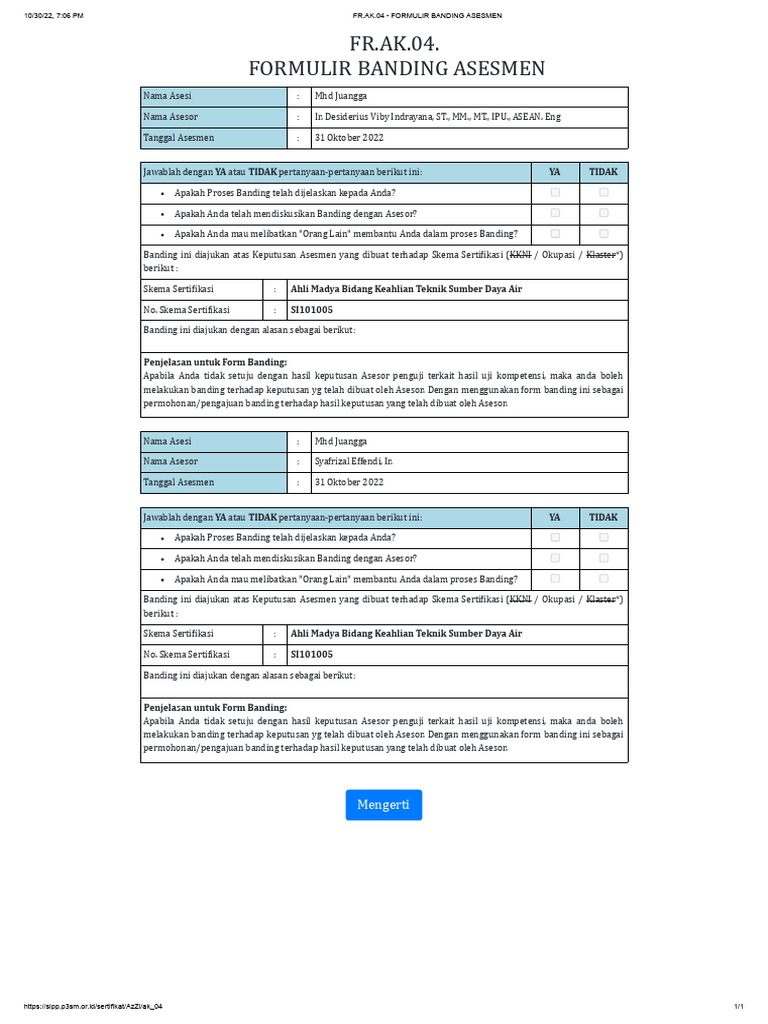 FR - Ak.04 - Formulir Banding Asesmen | PDF