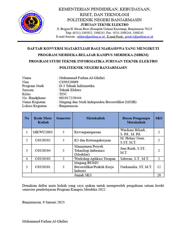 Pengajuan Konversi SKS - Program MBKM Prodi TI | PDF