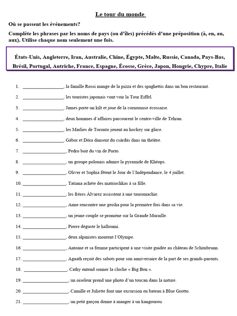 Le Tour Du Monde Activites Ludiques Comprehension Ecrite Texte Ques ...