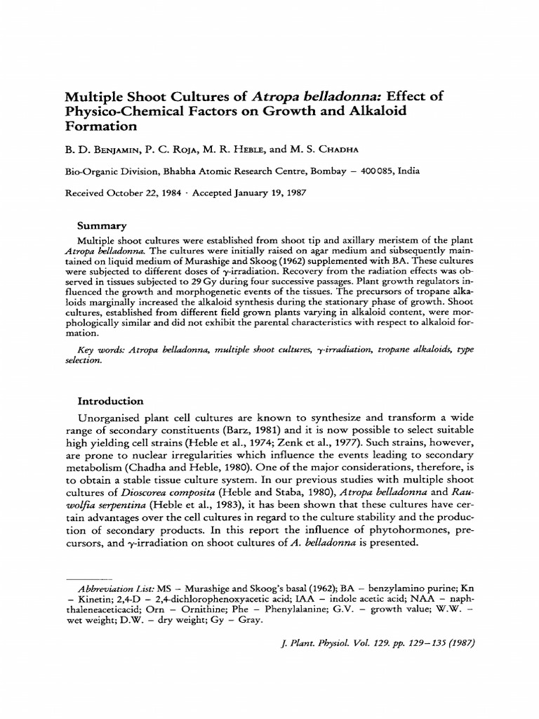 1987 - Multiple Shoot Cultures of Atropa Belladonna Effect of Physico ...