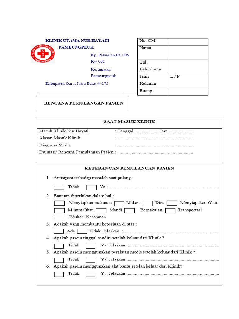 Form Rencana Pemulangan Pasien | PDF | Memasak, Makanan, & Anggur ...