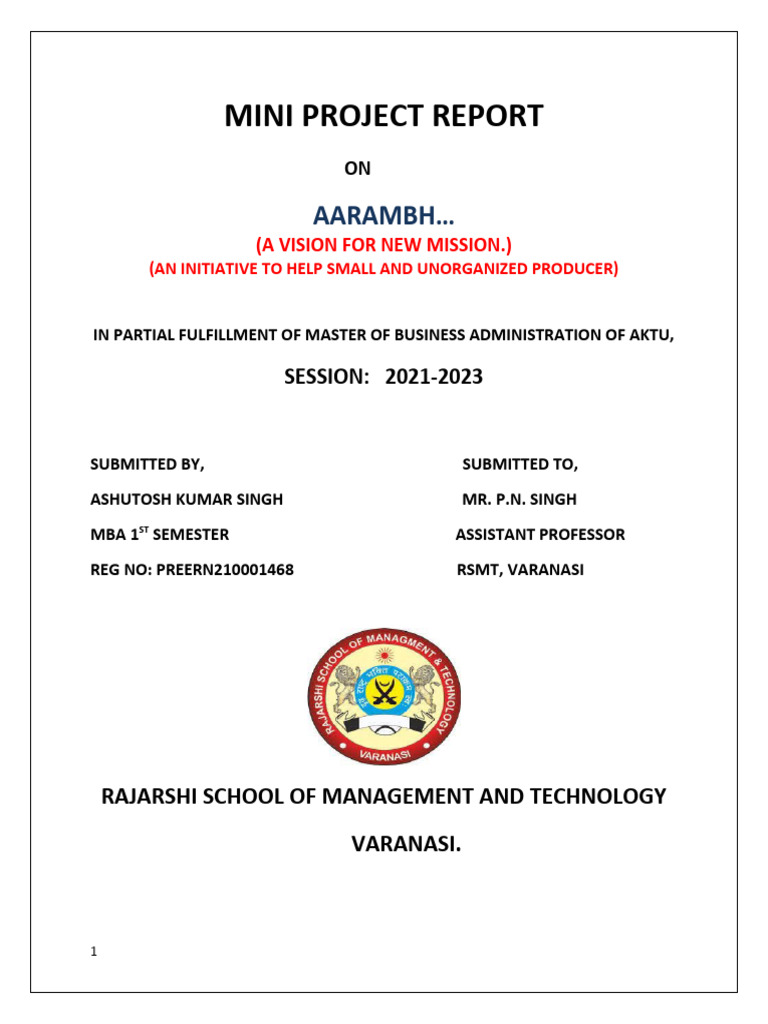 ASHUTOSH SINGH MINI PROJECT Final - Ashutosh Kumar Singh MBA 1st Semester RSMT | PDF