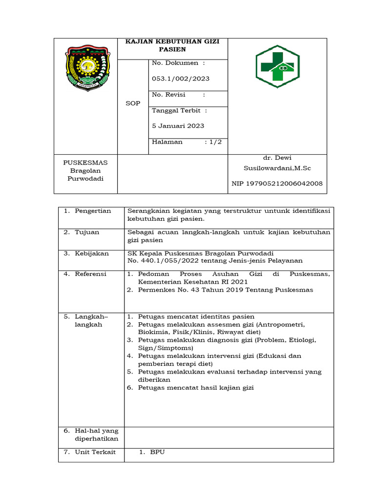 3.5 Sop Kajian Kebutuhan Gizi Pasien | PDF