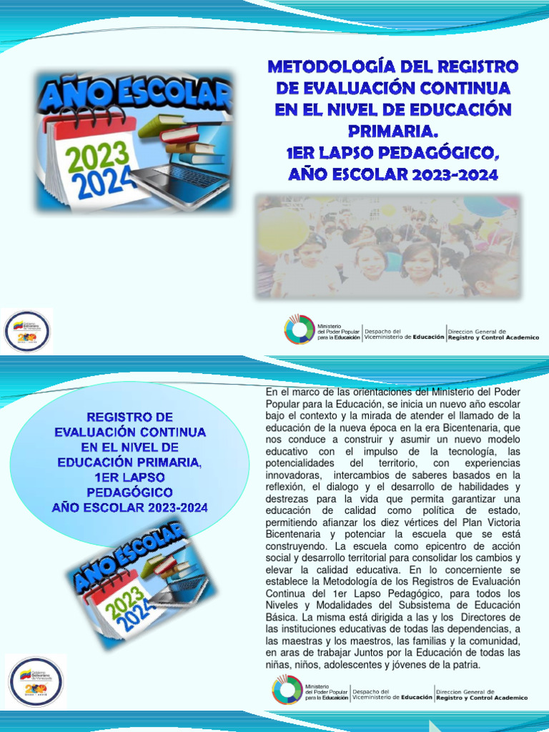 1er Lapso Pedagógico Nivel de Educación Primaria, Registro de Evaluación Continua, 2023-2024 | PDF
