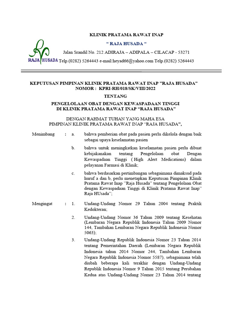 SK No.18 Pengelolaan Obat Resiko Tinggi | PDF