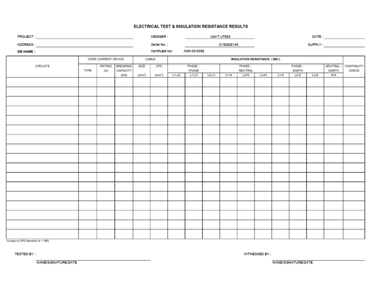 Insulation Resistance Test Form | PDF
